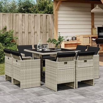 vidaXL Ensemble &agrave; manger de jardin et coussins 9 pcs gris clair rotin vidaXL