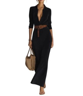 Generic Robe longue en daim synth&eacute;tique avec ceinture pour femme, manches longues, col en V, boutonn&eacute;e, &eacute;l&eacute;gante, fluide, Noir, 3XL