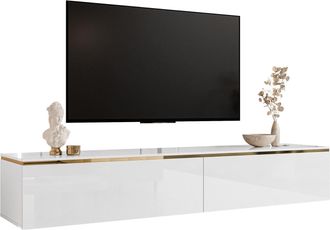 Lukmebel TV-Schrank Sideboard für Wohnzimmer Lowboard TV-Board Fernsehschrank - Fernsehtisch RTV-Schrank Hängend - 180x40x32 - Glanz Weiß Gold - Aurora