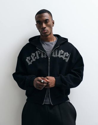 Cernucci Sweat &agrave; capuche zipp&eacute; coupe carr&eacute;e 100 % coton &agrave; logo orn&eacute; de strass - Noir