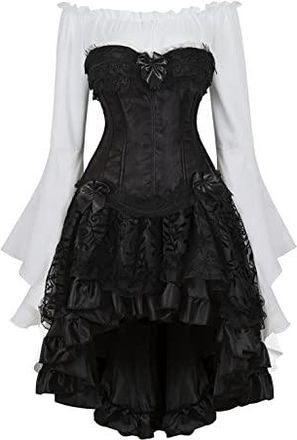 Grebrafan Classique Corset et Jupe Pirate Chemisier Deguisement Bustier Halloween Femme (EUR(32-34) S, Noir)