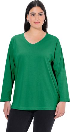 Ulla Popken Damen gro&szlig;e Gr&ouml;&szlig;en &Uuml;bergr&ouml;&szlig;en Plus Size Shirt, V-Ausschnitt, Relaxed, Langarm smaragdgr&uuml;n 58+ 725334458-58+