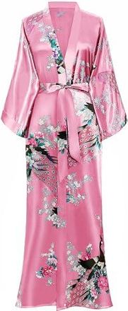 Babeyond Kimono Femme Long en Satin - Peignoir L&eacute;ger Imprim&eacute; Paon jusqu&agrave; la Cheville, Taille unique Grande taille, Rouge Past&egrave;que