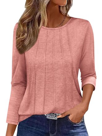 Onsoyours Shirt Damen 3/4 Arm Rundhals Mit Falten Tshirt Leichte Pullover Sommer Herbst Oberteile Casual Basic T-Shirts A Koralle XXL