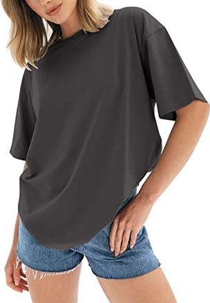 Generic T-shirt pour femme surdimensionn&eacute; pour femme, coupe ample, col rond, haut &agrave; manches courtes, chemisier d&eacute;t&eacute; d&eacute;contract&eacute;, t-shirt basique, gris, XXL