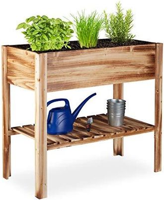 Relaxdays Hochbeet Holz, Ablagefach, Pflanzkasten Balkon, Terrasse, Garten, Kräuterbeet, HBT 80 x 88 x 43,5 cm, geflammt, Beige