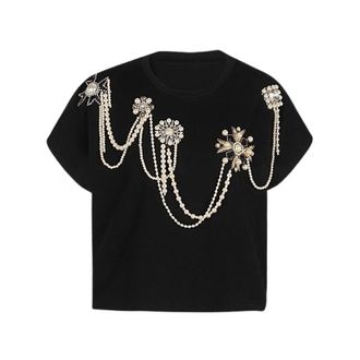 Balmain Kurzarm Baumwoll-T-Shirt mit goldener Stickerei - - Tops - Damen - Schwarzk - M