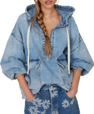 Generic Pull en jean surdimensionn&eacute; pour femme avec demi-fermeture &eacute;clair et poches - V&ecirc;tement dext&eacute;rieur d&eacute;contract&eacute;, bleu, XL