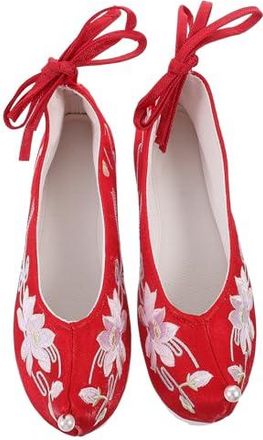 BESTONZON Abaodam Chaussures Brodées en Tissu Rouge Taille 37 à Talon Compensé Caché pour Femmes Style Chinois Hanfu Vintage Confort Léger et Motif Brodé à la M