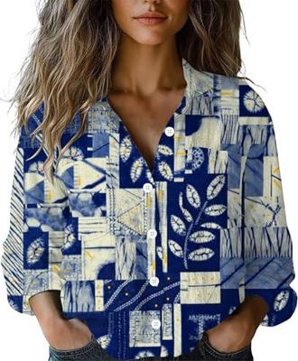 Generico Chemise Femme D&eacute;contract&eacute;e &agrave; Manches Longues Blouse Coton Et Lin &Eacute;l&eacute;gant Respirant T Shirt Col en V Classique Chemisier Vintage Imprim&eacute; avec Boutons D