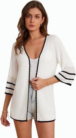 Grace Karin Gilet Femme Chic Cardigan dÉté Contraste Couleur Ouvert Devant Tricot Veste Mi-Saison Manches 3/4 Blanc XXL