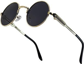 XFentech Punk Lunettes - Lunettes de Soleil Polarisées Ronde Rétro Métal Cadre Steampunk pour Homme Femme Unisexe avec Protection UV400, B2 Monture Dor - Lenti