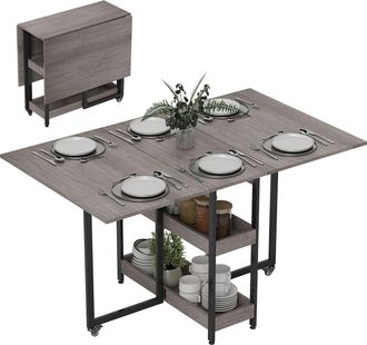 HOMCOM Esstisch Klappbar Küchentisch für 2-4 Personen mit 2 Offenen Ablagen, Esszimmertisch Klapptisch mit Rollen für Kleine Räume, Esszimmer, Küche 133,4 x 