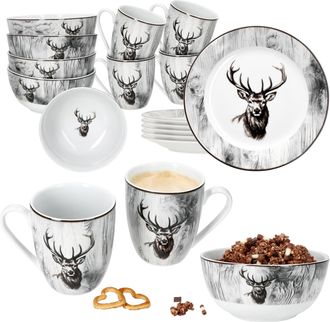 MamboCat Alois 18tlg Fr&uuml;hst&uuml;cksset I je 6x Fr&uuml;hst&uuml;cksteller, M&uuml;slischalen & Kaffeebecher aus Porzellan I 6 Personen I Holz-Optik & Hirschmotiv in Schwarz-Wei&szlig; 
