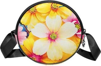 Generic Sac &agrave; bandouli&egrave;re rond pour femme, petit sac &agrave; bandouli&egrave;re motif hibiscus avec fermeture &eacute;clair, bretelles r&eacute;glables, sac &agrave; main rond d&eacute;contract&eacute; pour