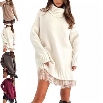 Generic Ensemble mini robe pull &agrave; col roul&eacute; pour femme, combinant une robe pull douce avec une &eacute;l&eacute;gante bordure en dentelle, blanc, XXL-6XL