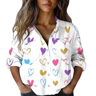 Generic Haut de Saint-Valentin pour femme avec col en V boutonn&eacute; &agrave; manches 3/4 - T-shirt tendance avec motif coeur damour - Tunique d&eacute;t&eacute; - Chemisier d&eacute;contrac