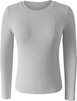 Generic Chemises de sport pour femmes, printemps et été, rayures de couleur unie, haut élastique à manches longues, T-shirts à manches longues Gris-femmes, XX