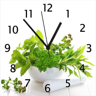 Wallario Wanduhr aus Echtglas: Welt der Kr&auml;uter - Verschiedene Kr&auml;uter in einem wei&szlig;en M&ouml;rser, Gr&ouml;&szlig;e 30 x 30 cm, Schwarze Zeiger