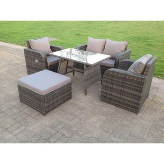 Fimous Polyrattan Gartenm&ouml;bel Set mit Liegest&uuml;hle 2-Sitzer Sofa Rechteckiger Esstisch 2 Gro&szlig;er Hockern - Fimous