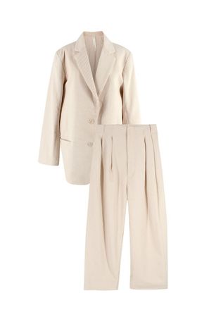 Lauren Manoogian Cream Ribbed Single Breasted Blazer and Trouser Suit Size XS
