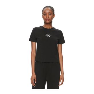 Calvin Klein Femme, Tops, Noir, Taille: 38 FR Tee Shirt Slim Fit Noir Brodé