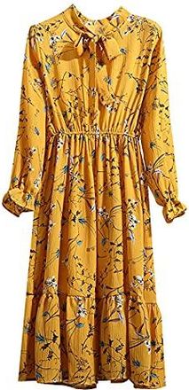 Generic Robe amincissante pour femme - Taille &eacute;lastique - Noeud fin - Manches longues - Longueur mi-longue, jaune, L