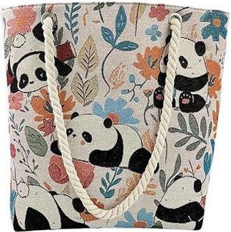 Generic Sac fourre-tout en toile de coton pour femme avec fermeture éclair et poches, grand sac de courses réutilisable motif panda adorable, b, cm