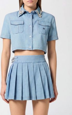 Philipp Plein Chemise coupe cropped en coton &agrave; manches courtes avec strass