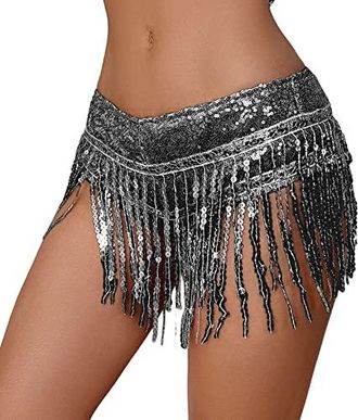 Generic Mini jupe scintillante &agrave; paillettes pour femme - Short &agrave; pompons pour rave, festival, spectacle, costume de club, f&ecirc;te, 01 _noir, XL