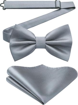 Hisdern Fliege Grau Herren Vorgebundene Fliegen Verstellbare Hochzeit Doppelfalte Fliege und Einstecktuch Set mit Geschenkbox