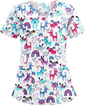 Generic Tenue Aide Soignante Femme,T-Shirts à Manches Courtes Blouse Medicale Femme Chemisier Femme Chic Et Élégant Hauts à Uniforme De Travail T-Shirts Col e