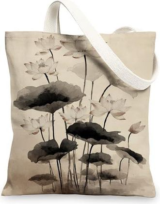 Generic Sacs fourre-tout en toile motif nénuphar élégant, sacs de courses réutilisables, esthétiques, légers, lavables, beige, 13x15 Inch