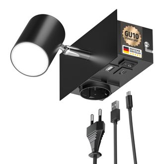 LEDs Com Wandspot WAIKA, 1-flammig, schwarz, Steckdose, USB-C, USB-A, inkl. LED GU10 Lampe, 3-Stufen-Dimmer, 609lm, wei&szlig;