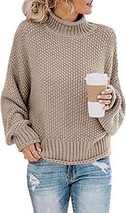 Onsoyours Femme Casual Pull à Manche Longue Sweater Simple Chaud Chic Pull en Tricot Blouse Tops Haut Pullover Automne Hiver A Kaki 46