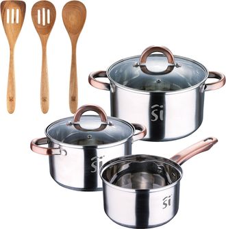 Bergner Topfset 5-teilig Edelstahl &Oslash;16&Oslash;18&Oslash;20 induktionsgeeignet + 3er Set K&uuml;chenhelfer Akazie SMART MasterPRO