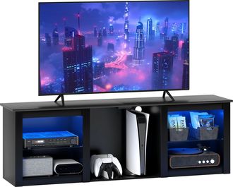 HOMCOM LED RGB TV-Möbel Holz TV-Bank bis 65 Zoll mit verstellbaren Glasböden, 5 Nischen, Kabeldurchlass und Fernbedienung für Wohnzimmer, Schlafzimmer, ABM. 