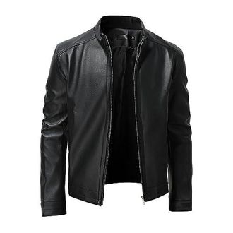 Generic Veste de motard en cuir synthétique pour homme - Fermeture éclair intégrale - Col montant - Veste coupe-vent légère - Manteaux de transition chauds à 