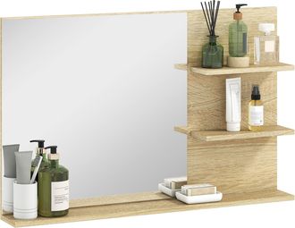 Kleankin Moderner Badspiegel mit 2 Seitenablagen und unterer Ablage, Wandspiegel aus MDF und Glas, 75x10x48 cm, Holzfarbe