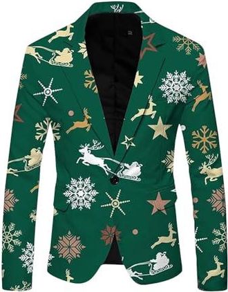 Generic Veste de costume de Noël pour homme, revers cranté à manches longues, tenue formelle, veste imprimée de style smoking pour affaires, dîner, mariage, f