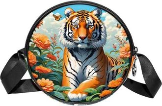 Generic Petit sac &agrave; bandouli&egrave;re rond pour femme, motif fleur de tigre, sac &agrave; dos avec fermeture &eacute;clair, bretelles r&eacute;glables, sac &agrave; main rond d&eacute;contract&eacute; pour 