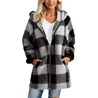 Generic Manteau &agrave; capuche surdimensionn&eacute; &agrave; carreaux pour femme, veste &agrave; capuche d&eacute;contract&eacute;e en polaire pelucheuse avec fermeture &eacute;clair, veste sherpa surdime