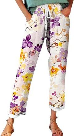 Generic Pantalon Femme Large Fluide Blanc Lin &Eacute;t&eacute; Womens Autumn Fragrant Linen Print Casual Pants Perfect for Spring Comfortable and Trendy for Relaxed Days a
