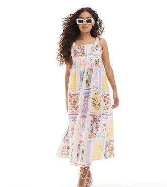 Miss Selfridge Robe longue nou&eacute;e aux &eacute;paules &agrave; imprim&eacute; carte postale-Multicolore