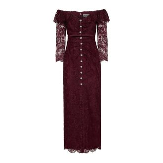 Self Portrait Femme, Robes, Rouge, Taille: 38 FR Robe Maxi &Eacute;paule Nue en Dentelle Fronc&eacute;e