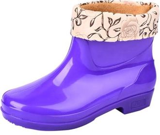 Generic Bottes de pluie courtes imperméables pour femme avec revers en polaire imprimée, bottes de pluie brillantes à enfiler pour femme, chaussures de jardin