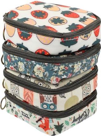 Valiclud WESIEVYA Lot de 4 Petites Pochettes Multifonctions Zipp&eacute;es pour Serviettes Hygi&eacute;niques et Cosm&eacute;tiques Motifs Fraise Hibou Blanc Fleurs et For&ecirc;t Paquet