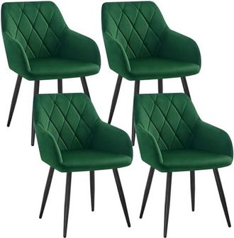 Woltu Chaises Salle à Manger Lot de 4, Chaise de Cuisine en Velours, Assise Rembourrée avec Accoudoirs et Dossier, Pieds en Métal, Vert Foncé, BH352dgn-4