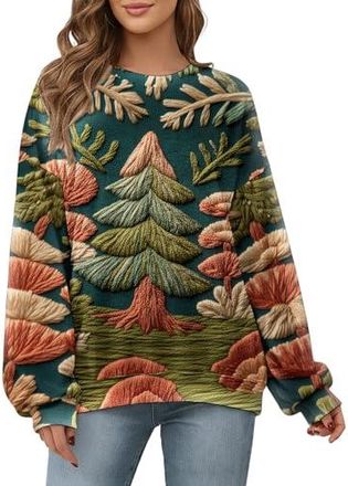 Generic Sweats de vacances pour femmes - Sapin de No&euml;l | Sweat-shirt graphique &agrave; manches longues et col rond | pour le voyage, Broderie de No&euml;l, 5XL