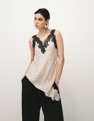 Mango Asymmetrisches Longline-Camisole aus Satin in Beige mit Spitzenbesatz in Schwarz und Polka-Dots-Bunt